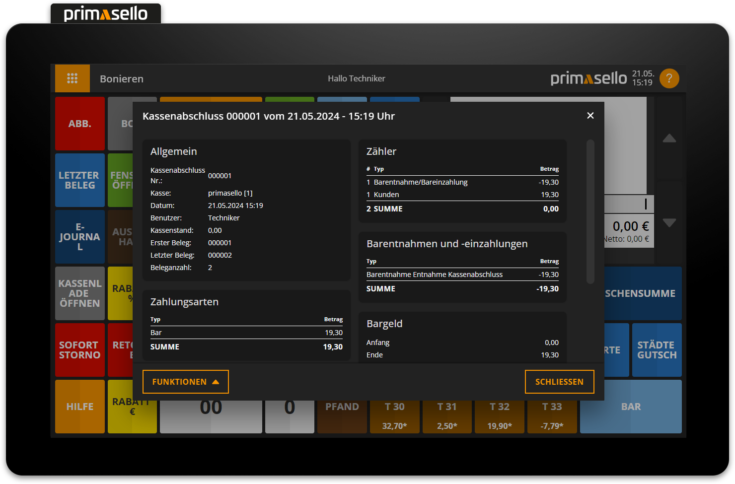 Cash Up | primasello Online Dokumentation